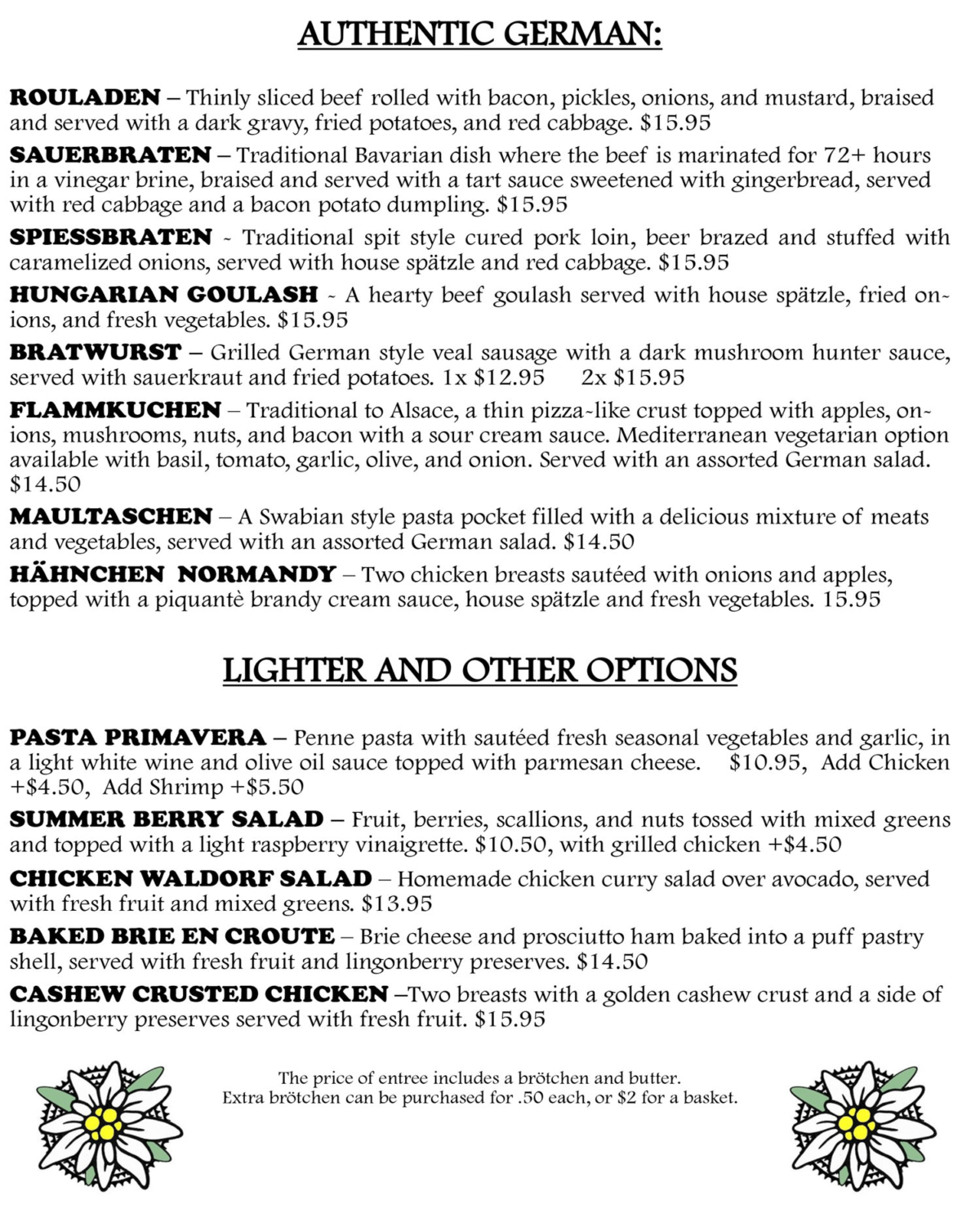 TAKEOUT MENU - Edelweiss German Restaurant